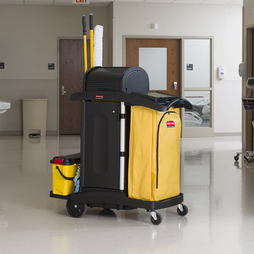 Rubbermaid FG9T7500 BLA Janitor Cart w/ Dome Top, Black/Yellow