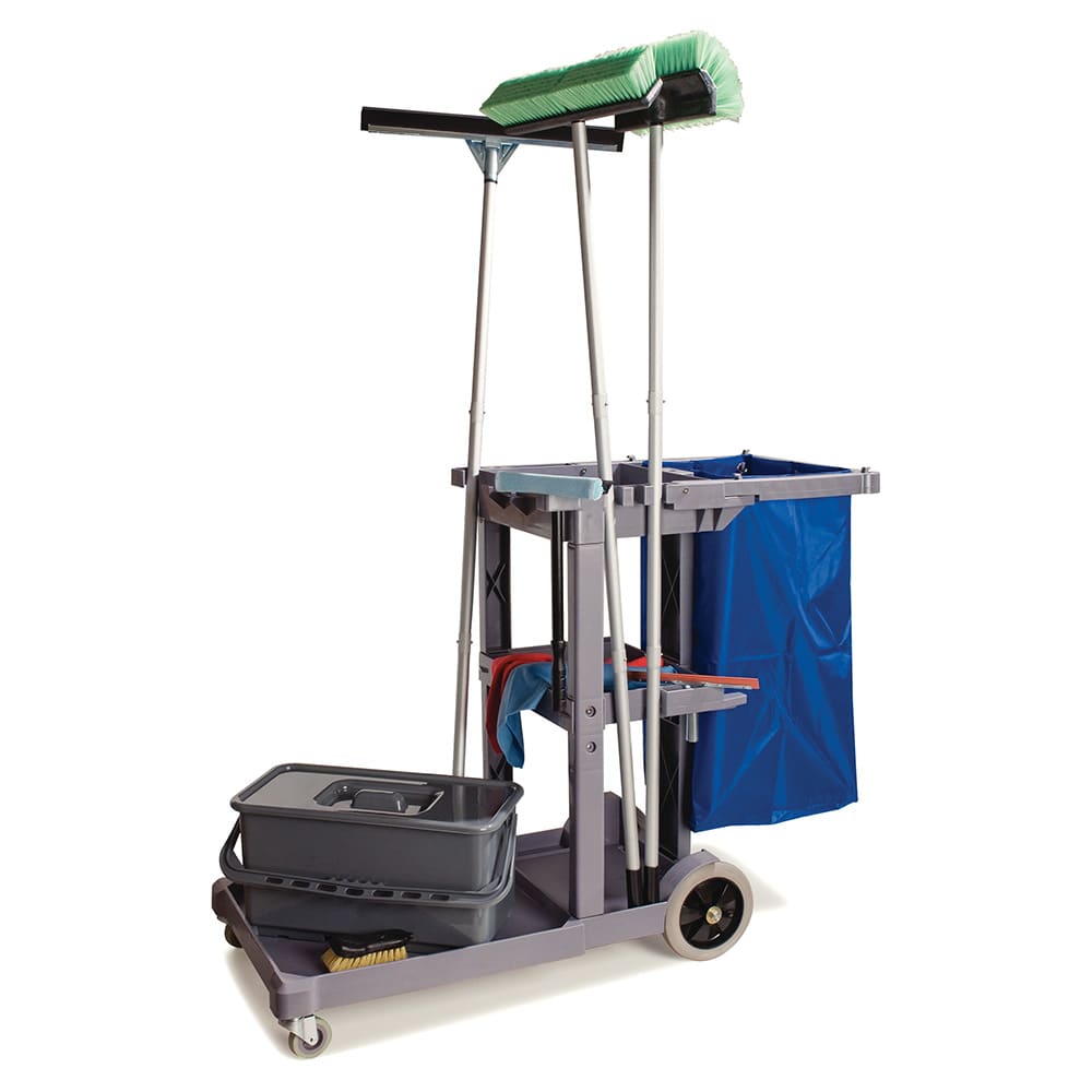 Carlisle JC1945S23 Janitor Cart w/ 3 Shelves, Gray/Blue