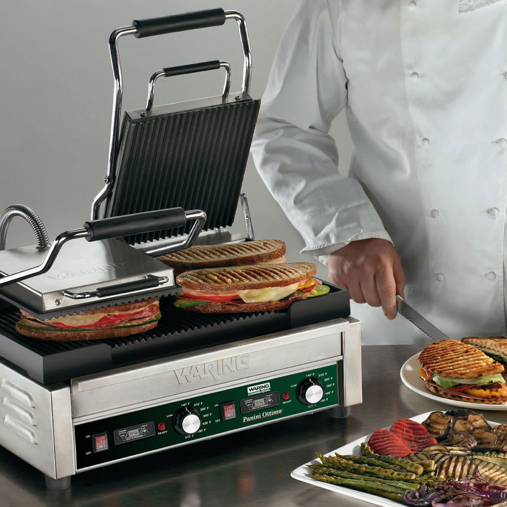 Waring WPG300T Double Commercial Panini Press w/ Cast Iron Grooved ...