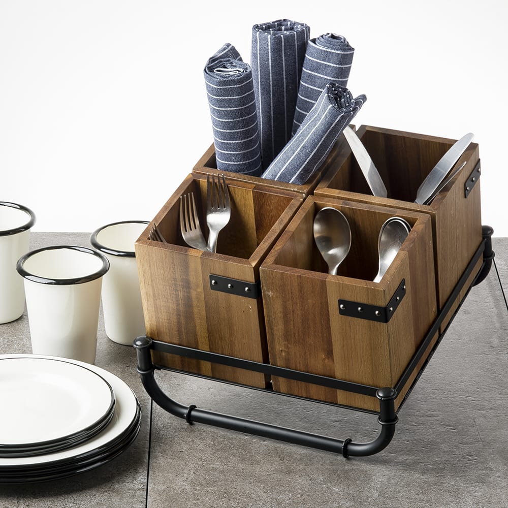 Tablecraft 10074 Cutlery Holder - 5 1/4"L x 5 1/4"W x 6"H, Acacia Wood ...