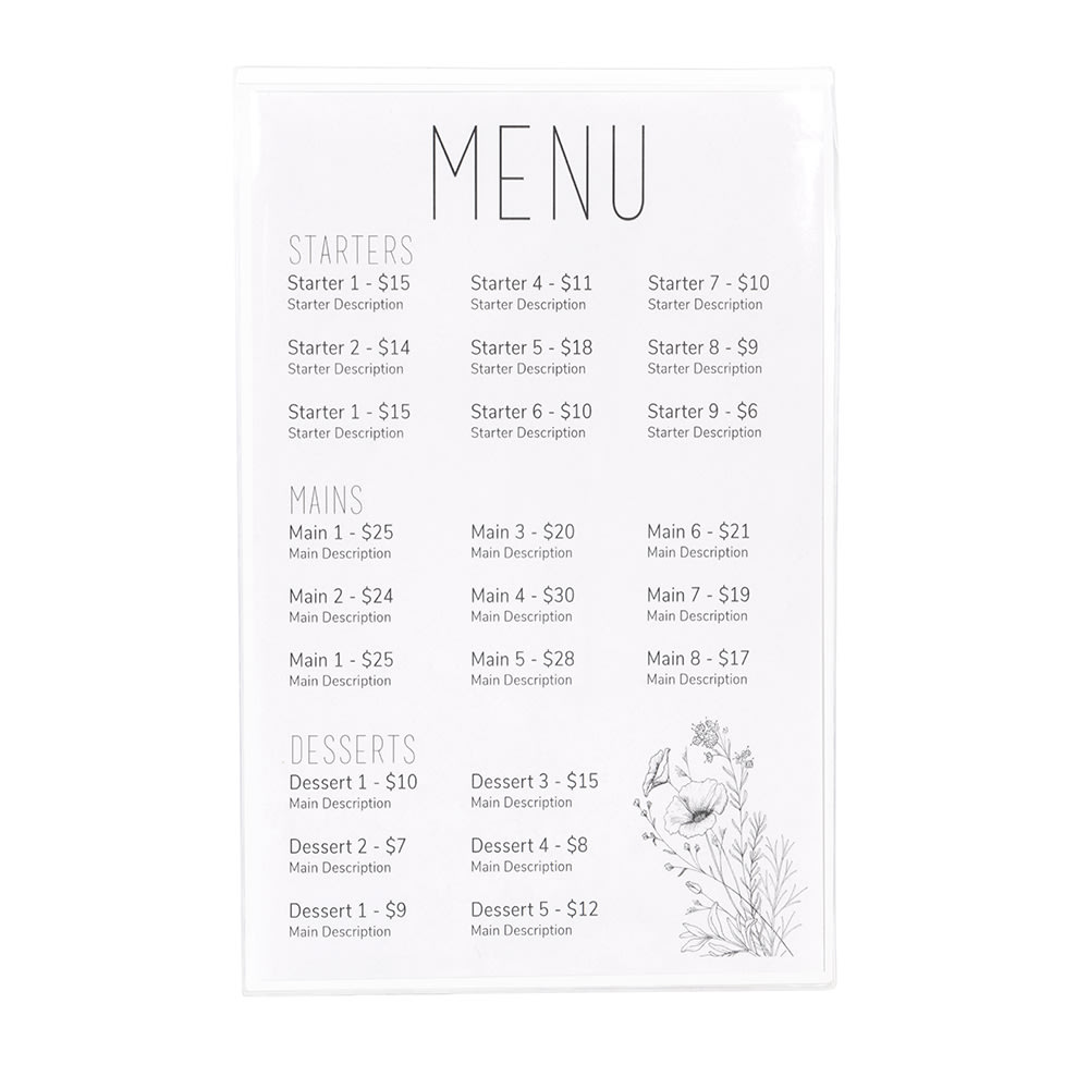 Risch 100 11X17 Single Pocket Vinyl Menu Cover, 11"W x 17"H, Clear
