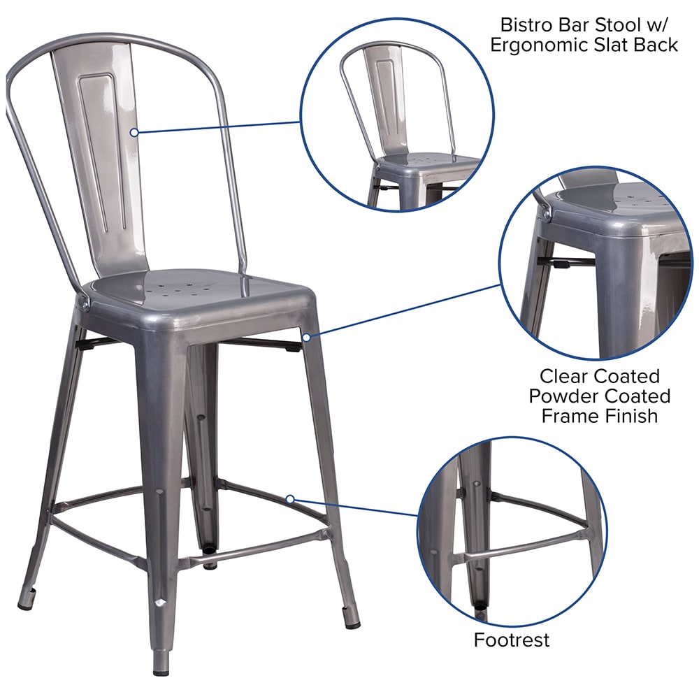 Flash Furniture XU-DG-TP001B-24-GG Bar Stool w/ Curved Back & Metal Seat, Silver