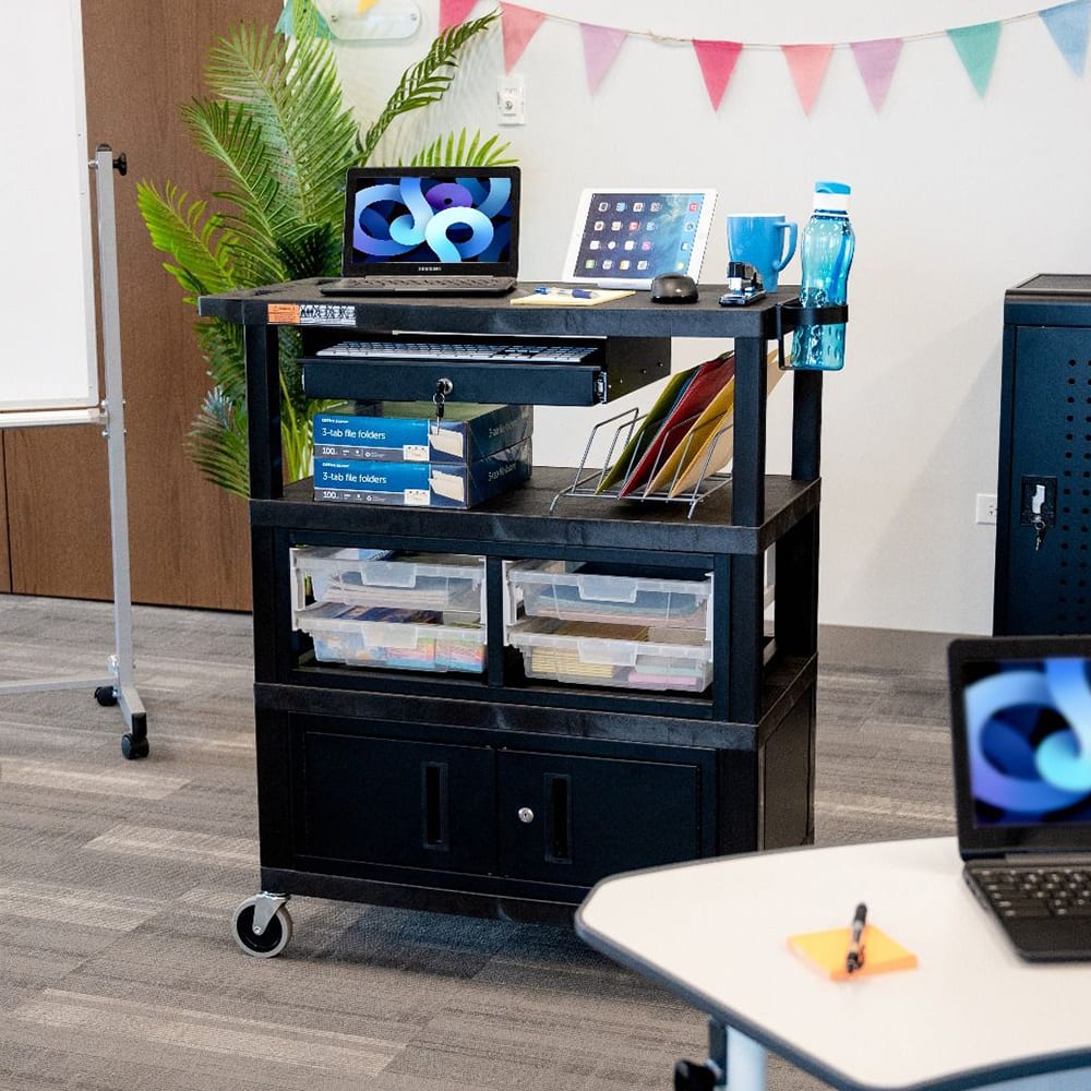 Luxor Deluxe Teacher Cart w/ Locking Cabinet & Drawer - Plastic/Steel ...