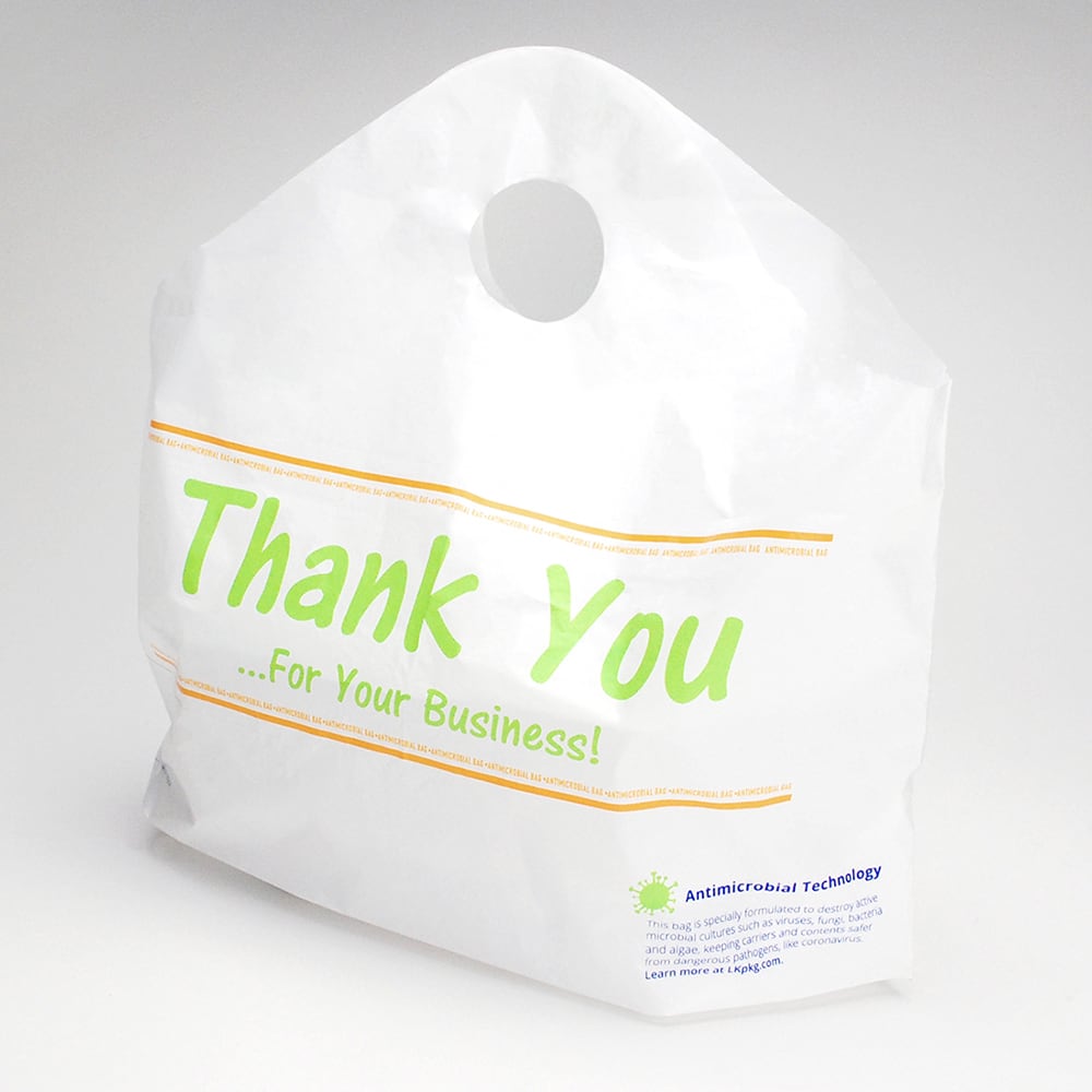 LK Packaging Printed Poly Take Out Bag w/ Handles - 16 1/2" x 14" x 6 ...