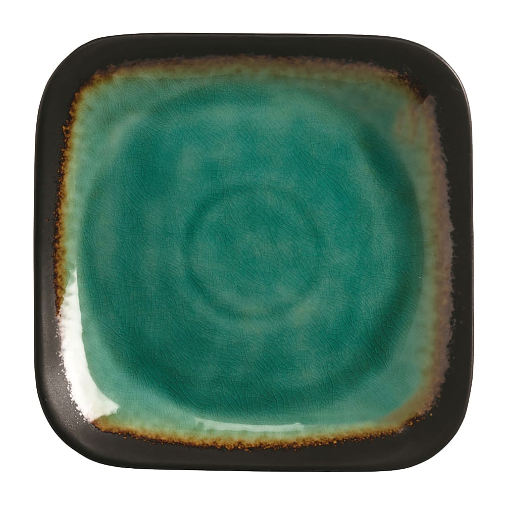 Libbey BF-8 9" Square Ceramic Plate, Turquoise w/ Dark Brown Rim, Hakone