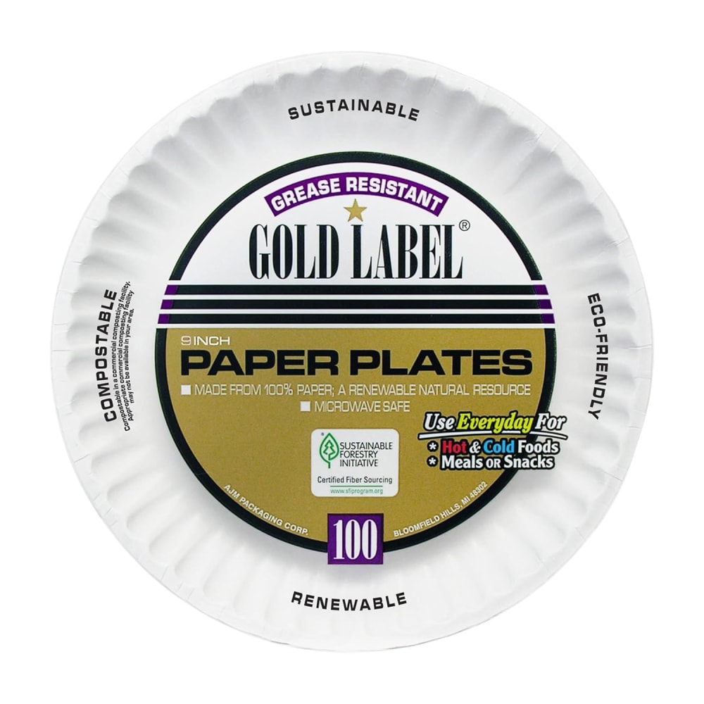 AJM Packaging Gold Label® 9" Disposable Plate - Paper, White (CP9GOEWH)