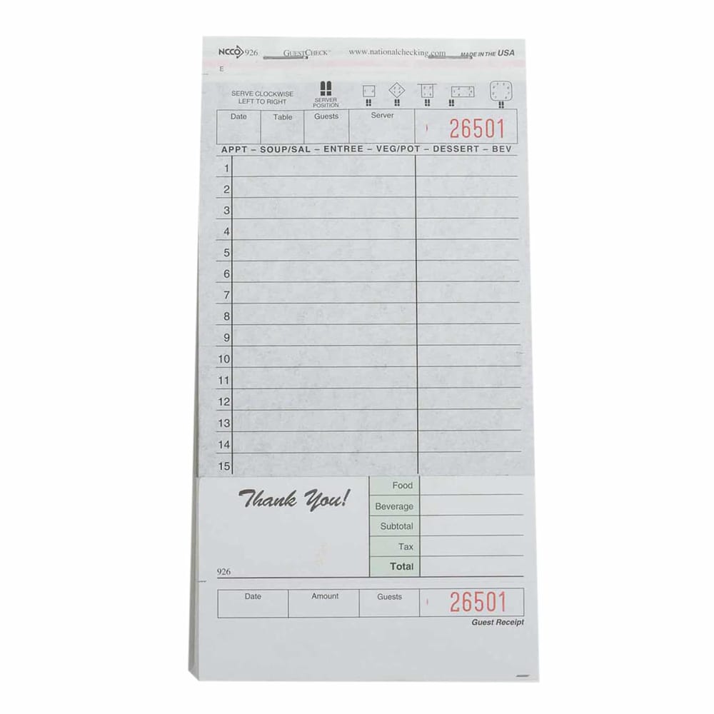National Checking Company Guest Check - (2) Parts Booked, (15) Lines ...