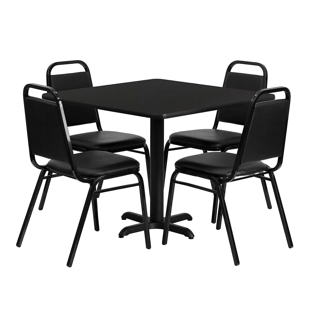 MoTak M133 36" Square Table w/ (4) Banquet Chairs - Black Laminate Top ...