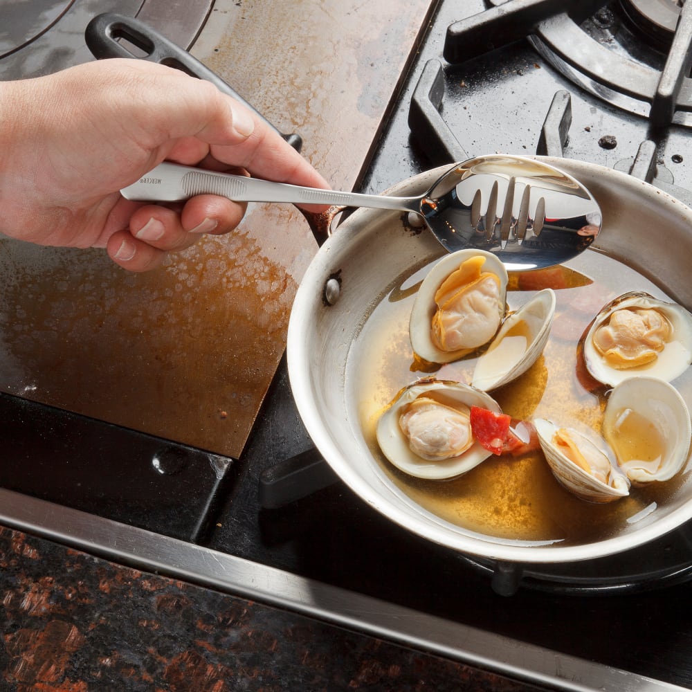 Mercer Culinary M35141 7 7/8" Slotted Plating Spoon - Stainless Steel