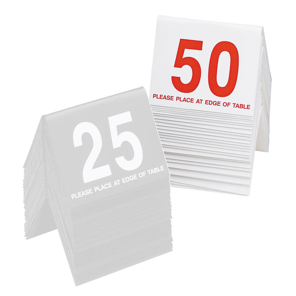 Cal-Mil 234-1 Tabletop Number Tents - #26-50, 3" x 3 1/2", White/Red