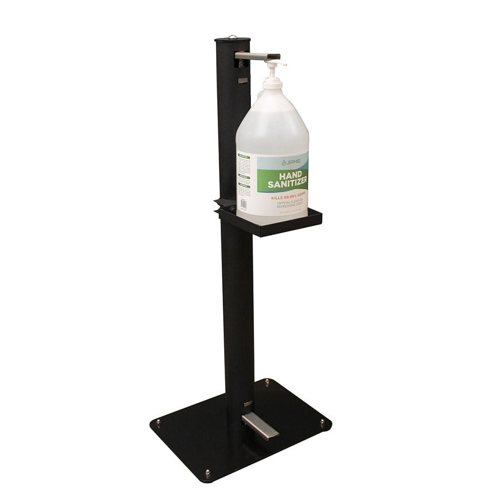 BK Resources FPSS 38 Foot Operated Sanitizer Stand for 1 1 gal Jug Stainless Black