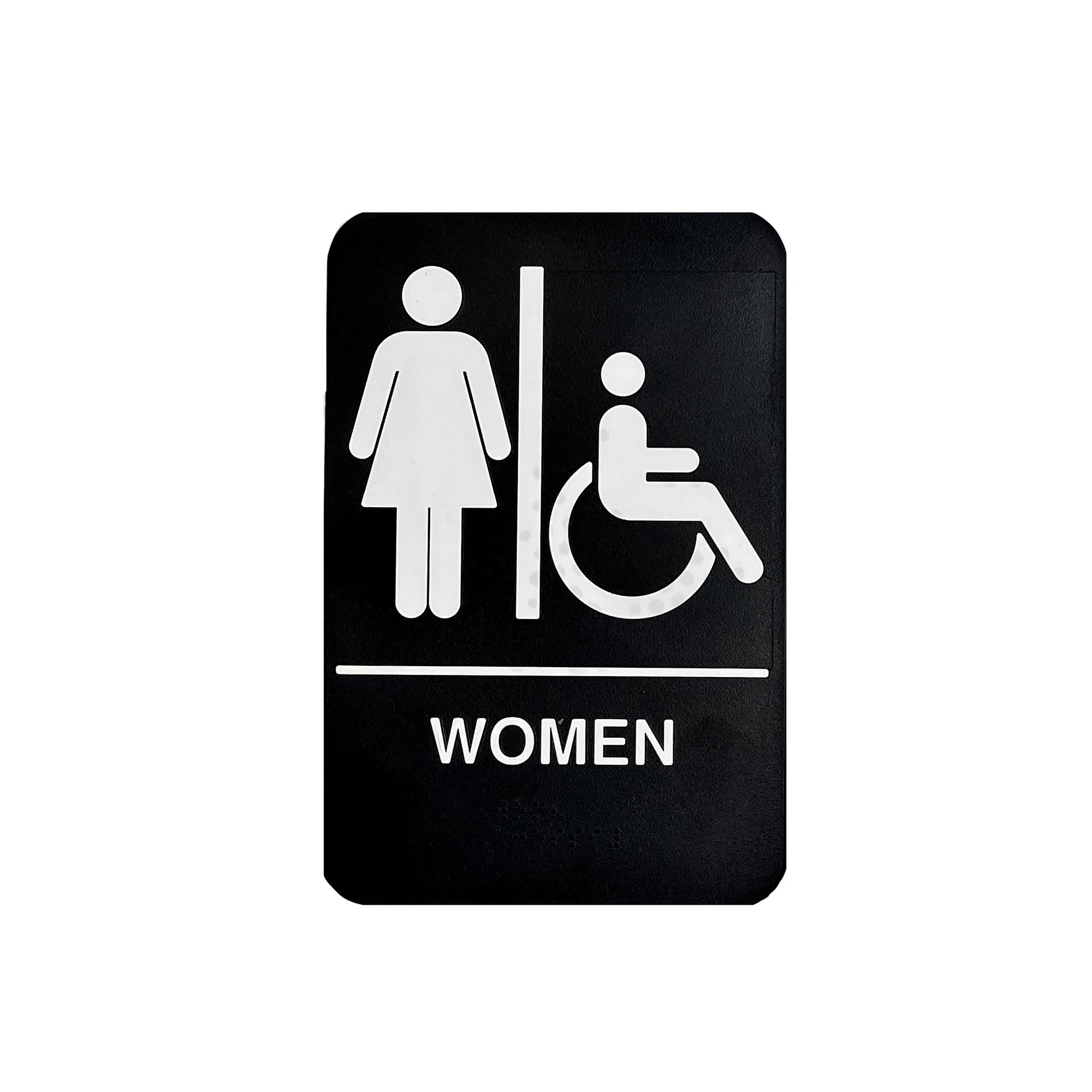 Tablecraft 11673 6" x 9" Women/Accessible Sign - Braille, White on Black