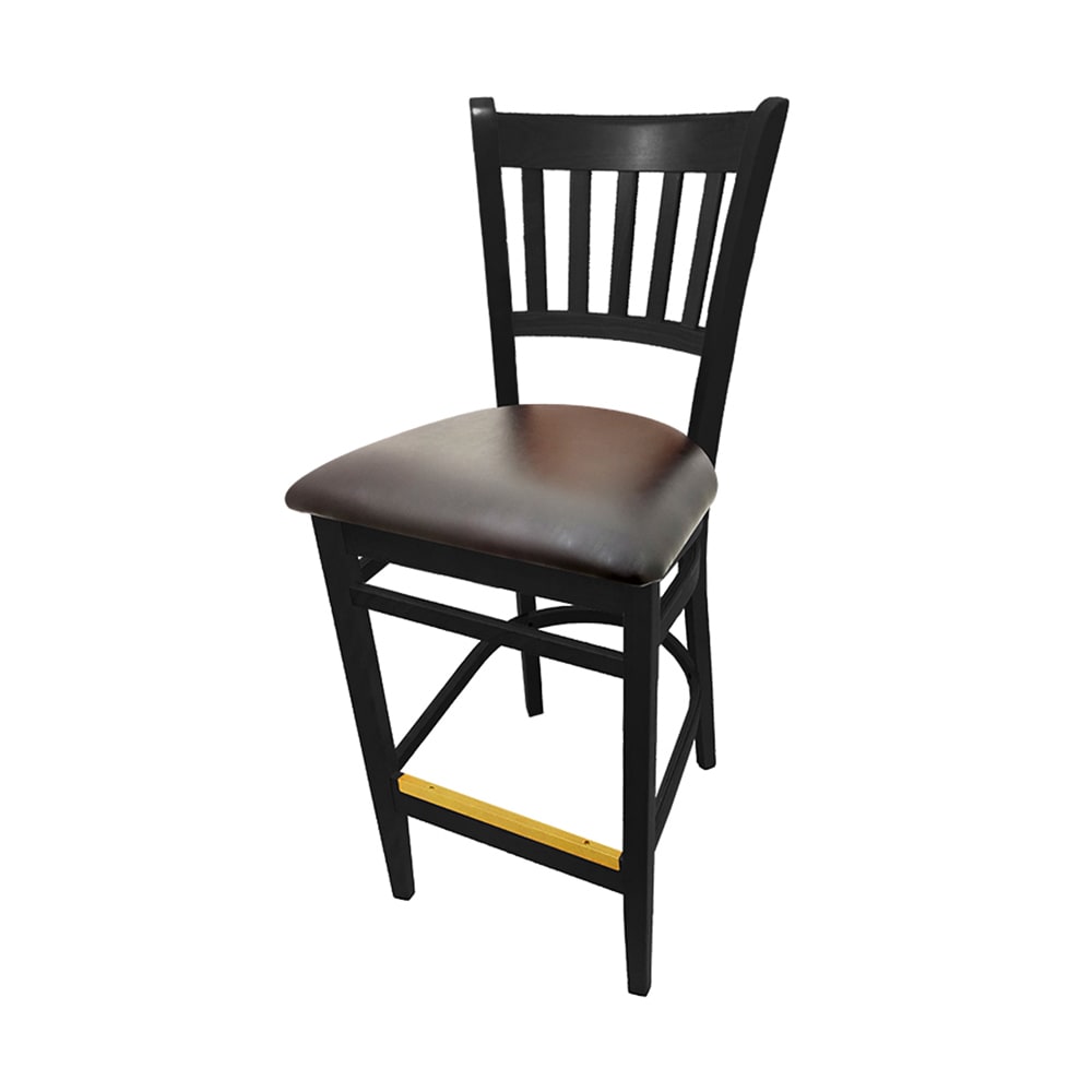 Oak Street Bar Stool w/ Vertical Back & Black Vinyl Seat, Wood Frame ...