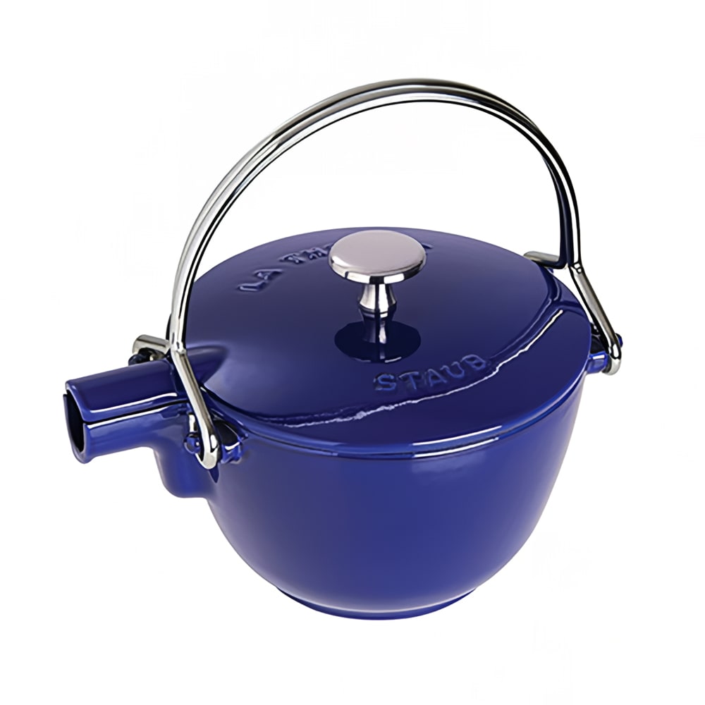 Staub Round Teapot w/ 1-qt Capacity & Enamel Coated Cast Iron, Dark ...