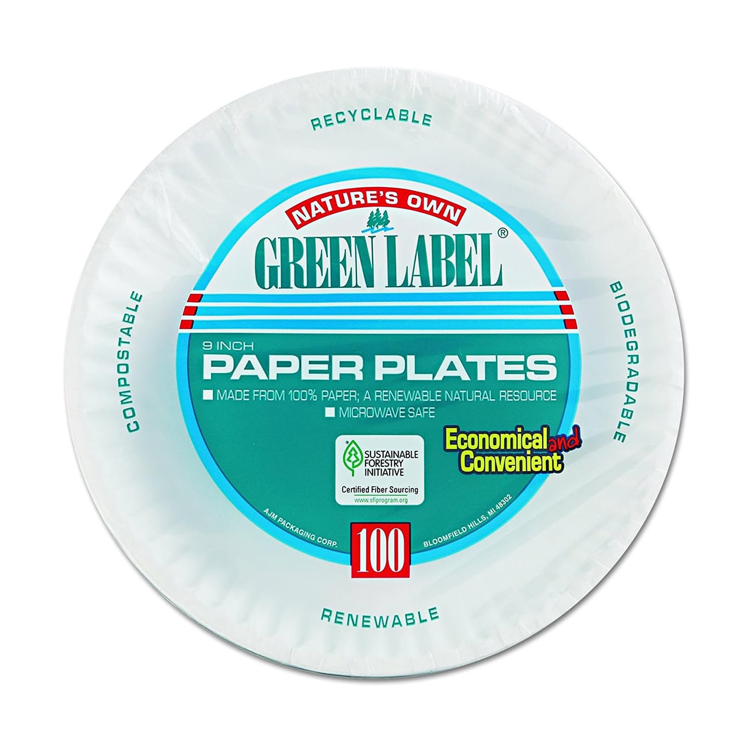 AJM Packaging Green Label® 9" Round Disposable Plate - Paper, White ...