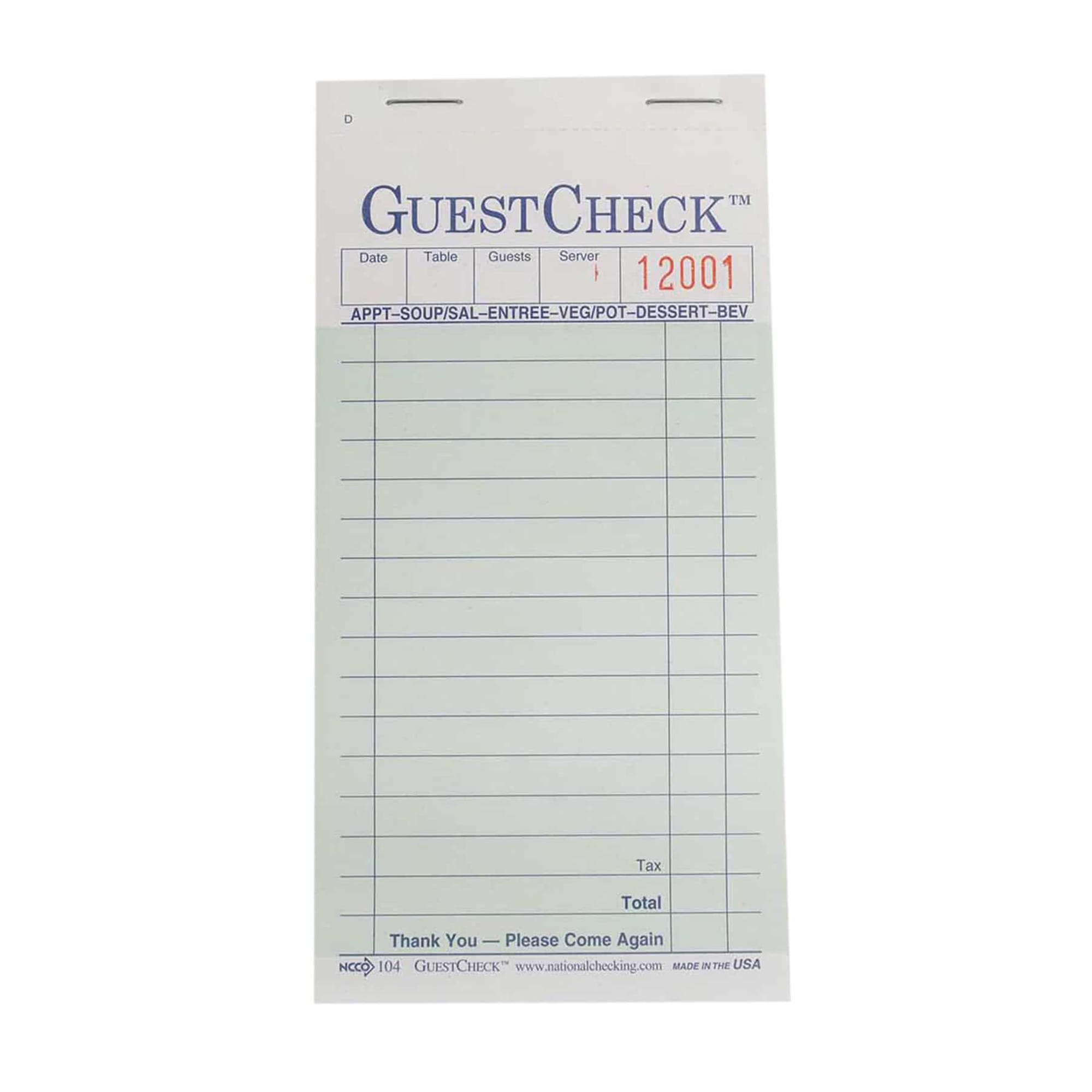 National Checking Company Guest Check - (2) Parts Booked, (16) Lines ...