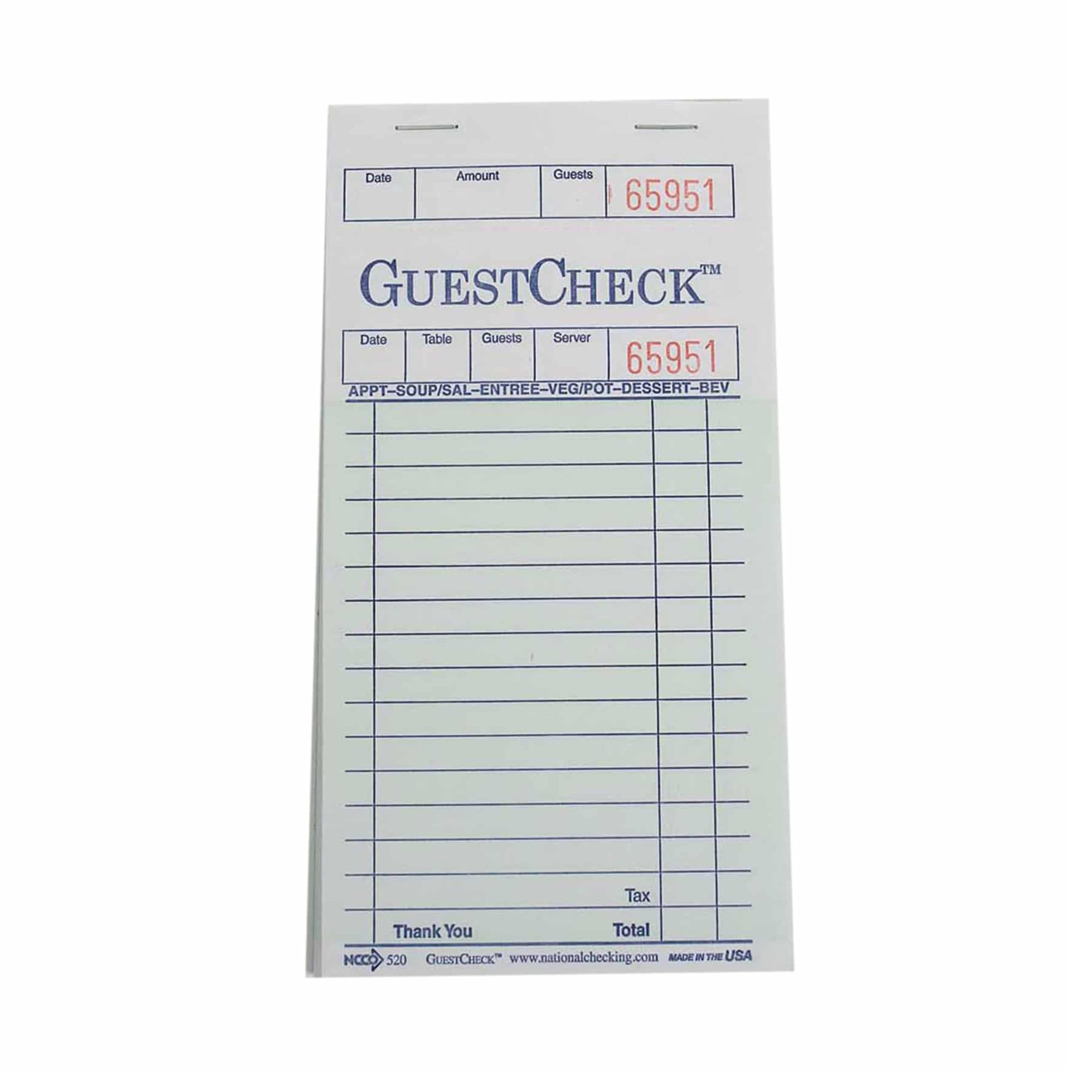 National Checking Company Guest Check - (1) Part Booked, (19) Lines ...